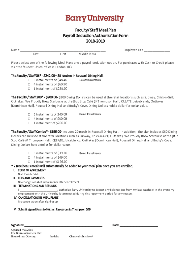 Fillable Online FACULTY/STAFF MEAL PLAN PAYROLL DEDUCTION AUTHORIZATION - Florida Poly Fax Email ...