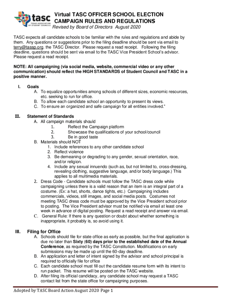 Fillable Online Virtual TASC OFFICER SCHOOL ELECTION CAMPAIGN RULES AND ...