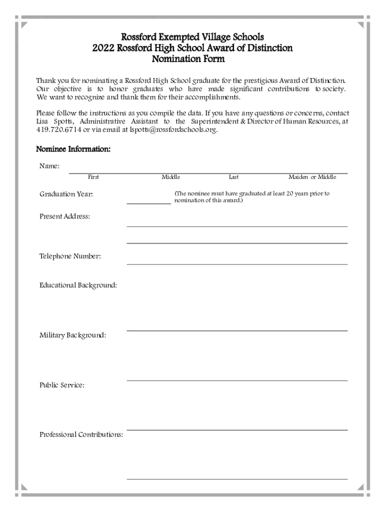 Fillable Online Nomination Form 2022 Rossford High School Award of ... Fax Email Print - pdfFiller