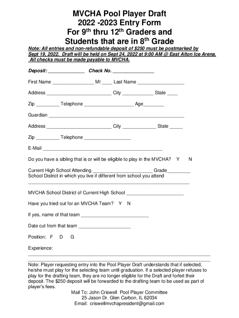 Fillable Online 2022 -2023 Entry Form For 9 thru 12 Graders and Students that are in 8 ... Fax ...