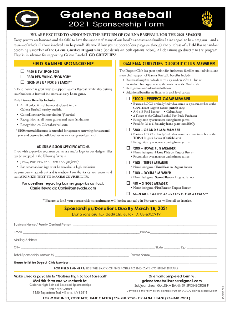 Fillable Online Galena Grizzlies Baseball Home Page Fax Email Print ...