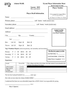 Fillable Online Atlanta MABL Tryout Player Information Sheet Season Fax ...