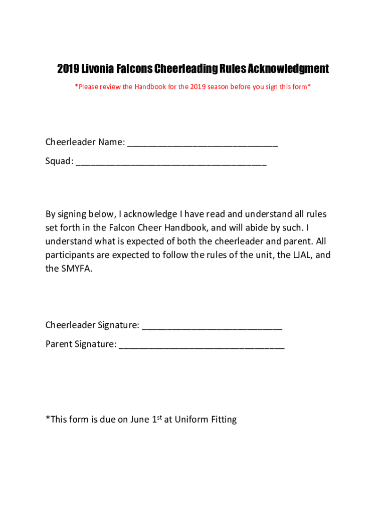 Fillable Online Livonia Falcons Cheerleading Rules Acknowledgement ...