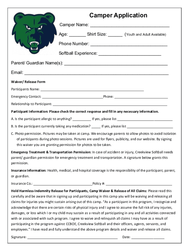 Fillable Online Creekview Softball Camp - HomeTeamsONLINE Fax Email Print - pdfFiller