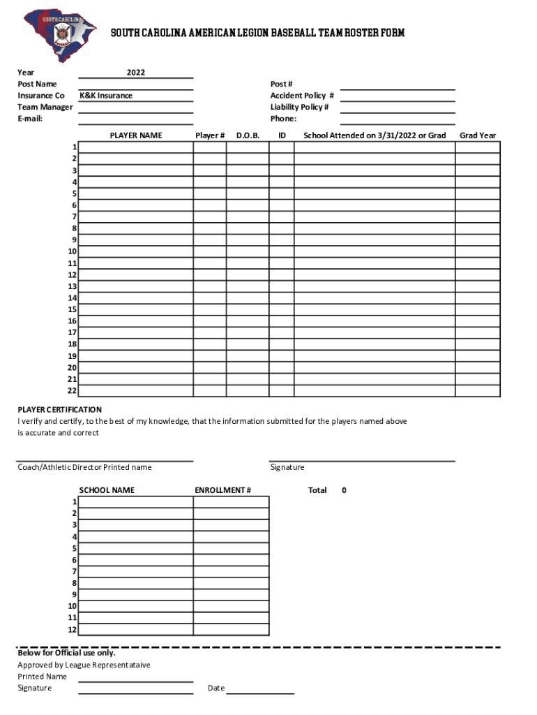 Fillable Online South Carolina American Legion Baseball Team Roster ...
