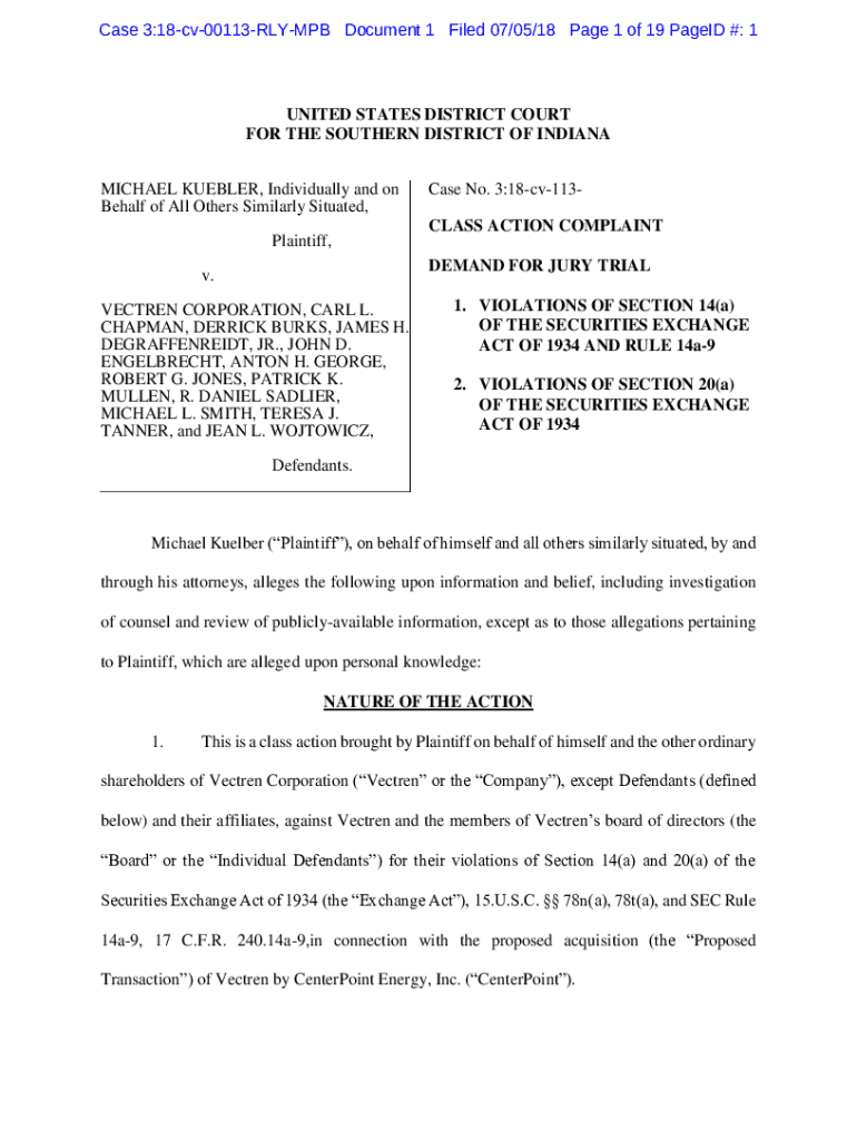 Fillable Online Kuebler v. Vectren Corporation et al. - 3:18-cv-00113 ...