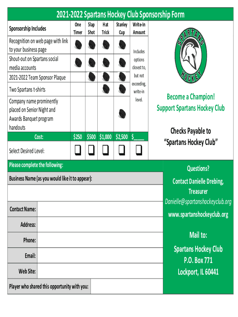 Fillable Online 2021-2022 Spartans Hockey Club Sponsorship Form Fax ...
