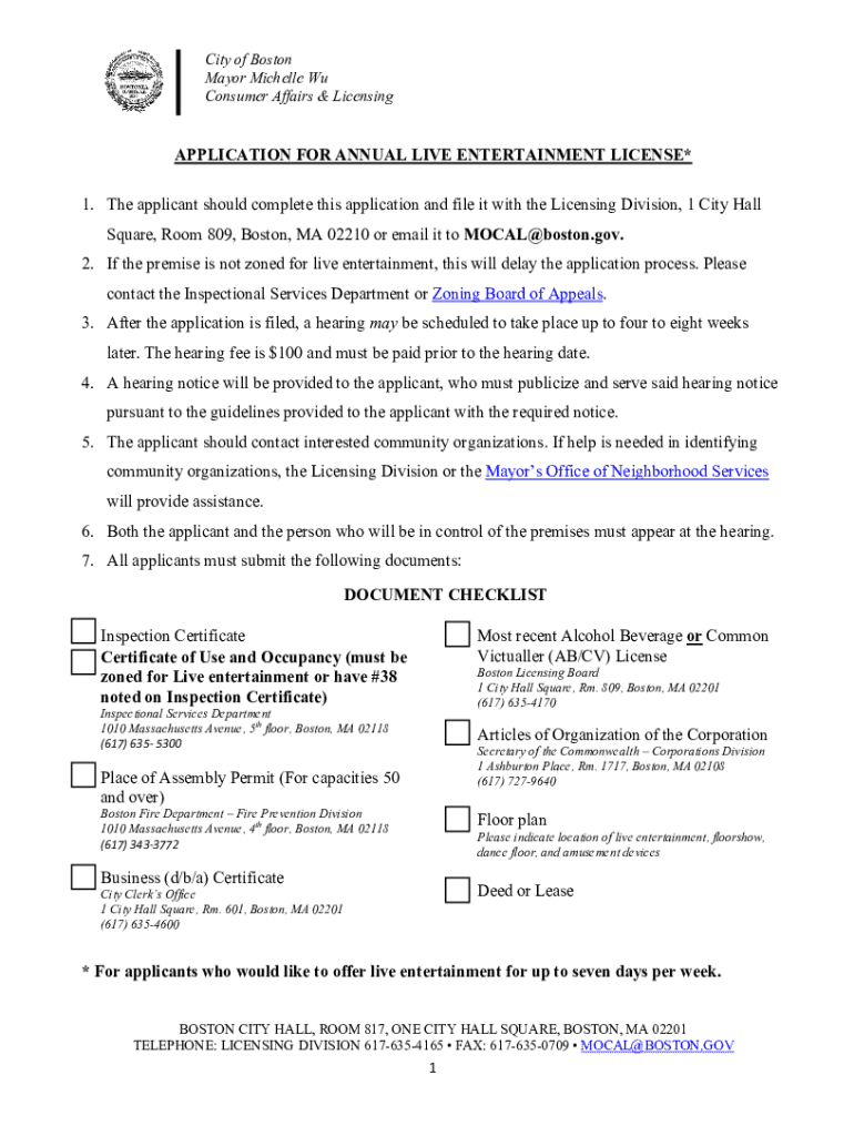 Fillable Online APPLICATION FOR ANNUAL LIVE ENTERTAINMENT LICENSE ...