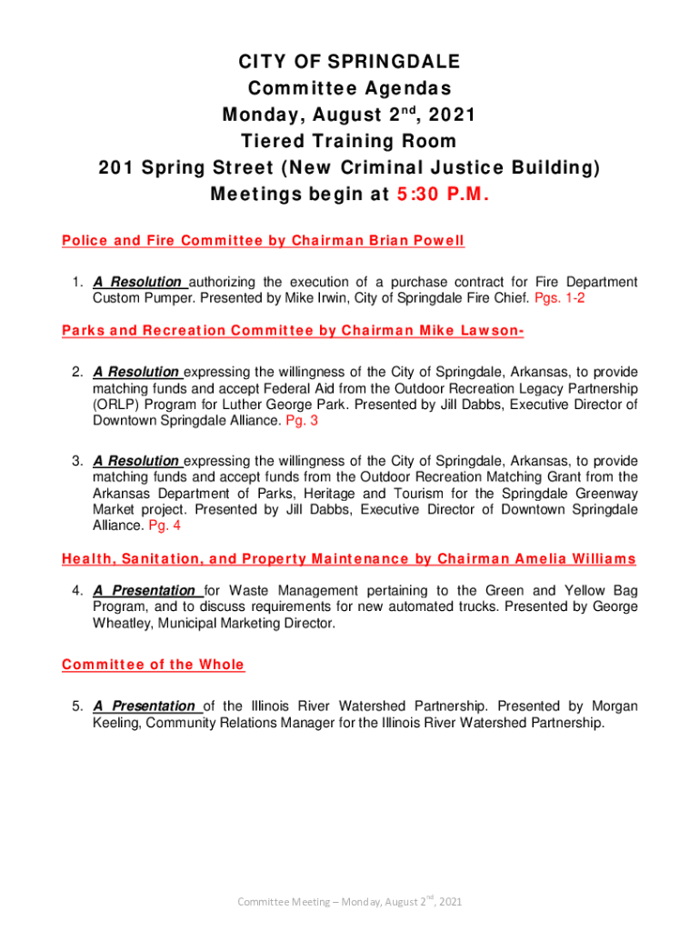 Fillable Online Fillable Online CITY OF SPRINGDALE Committee Agendas ...