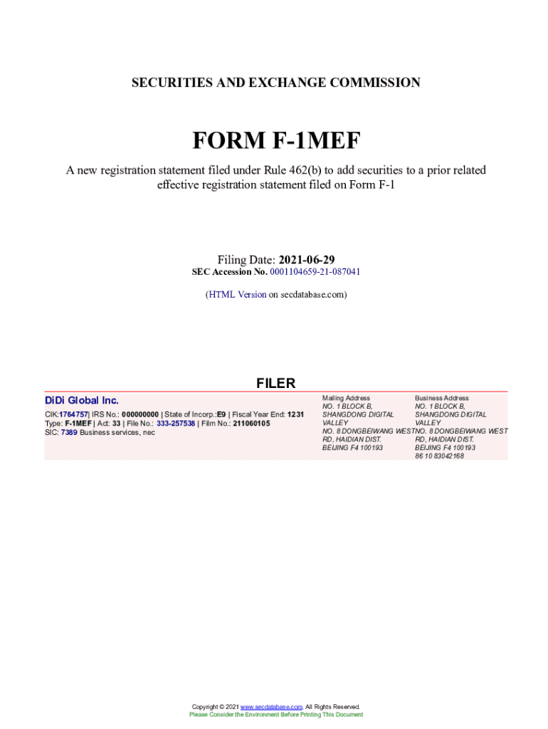 Fillable Online DiDi Global Inc. Form F-1MEF Filed 2021-06-29 ...