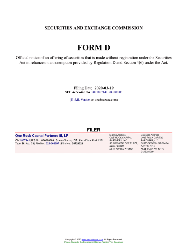Fillable Online One Rock Capital Partners III, LP Form D Filed 2020-03 ...