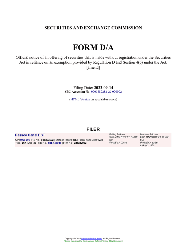 Fillable Online Passco Canal DST Form D/A Filed 2022-09-14. Accession ...