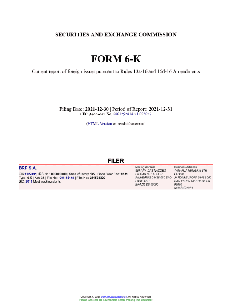 Fillable Online BRF S.A. Form 6-K Current Event Report Filed 2021-12-30 ...