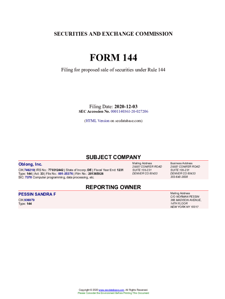 Fillable Online FORM 144 NOTICE OF PROPOSED SALE OF SECURITIES PURSUANT ...