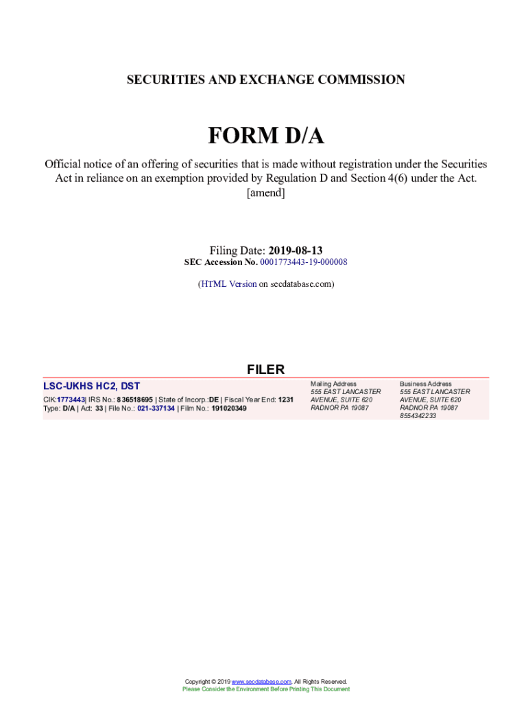 Fillable Online LSC-UKHS HC2, DST Form D/A Filed 2019-08-13. Accession ...