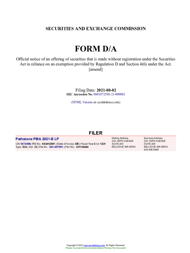 Fillable Online Pathstone PMA 2021-B LP Form D/A Filed 2021-08-02 ...