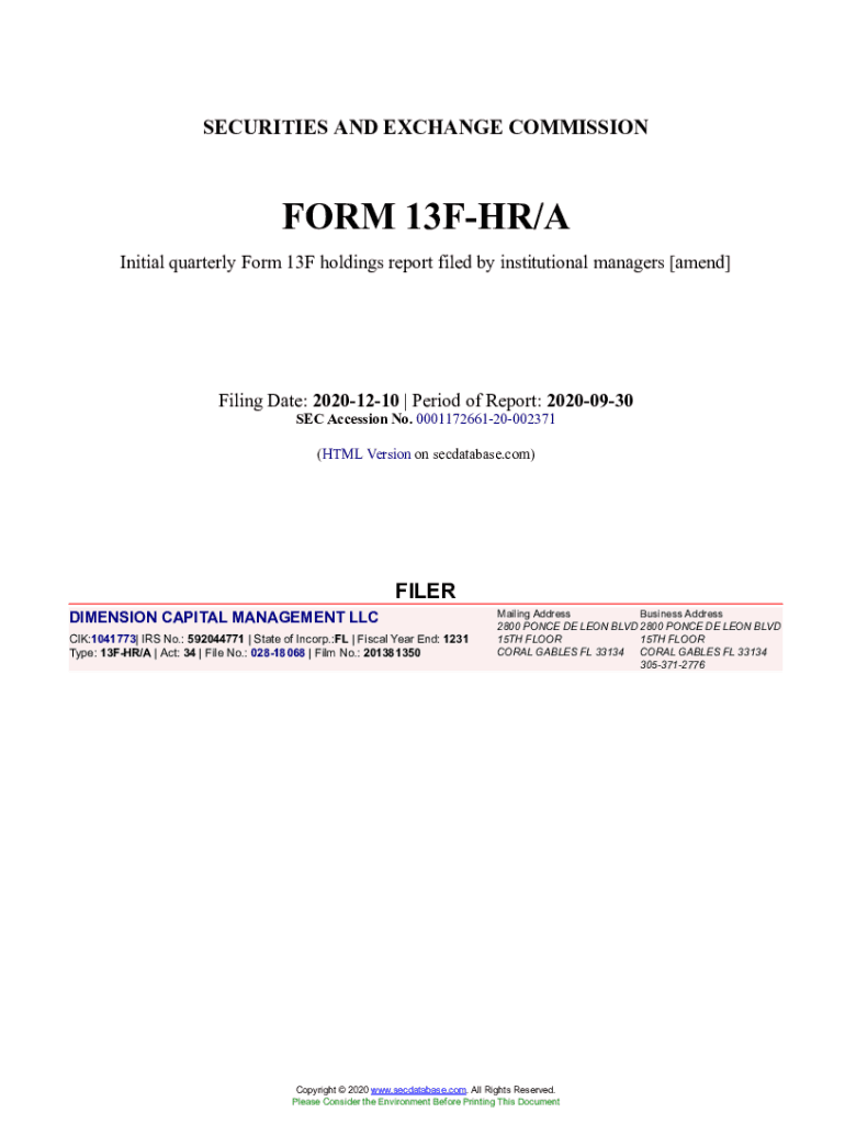 Fillable Online DIMENSION CAPITAL MANAGEMENT LLC Form 13F-HR/A Filed ...