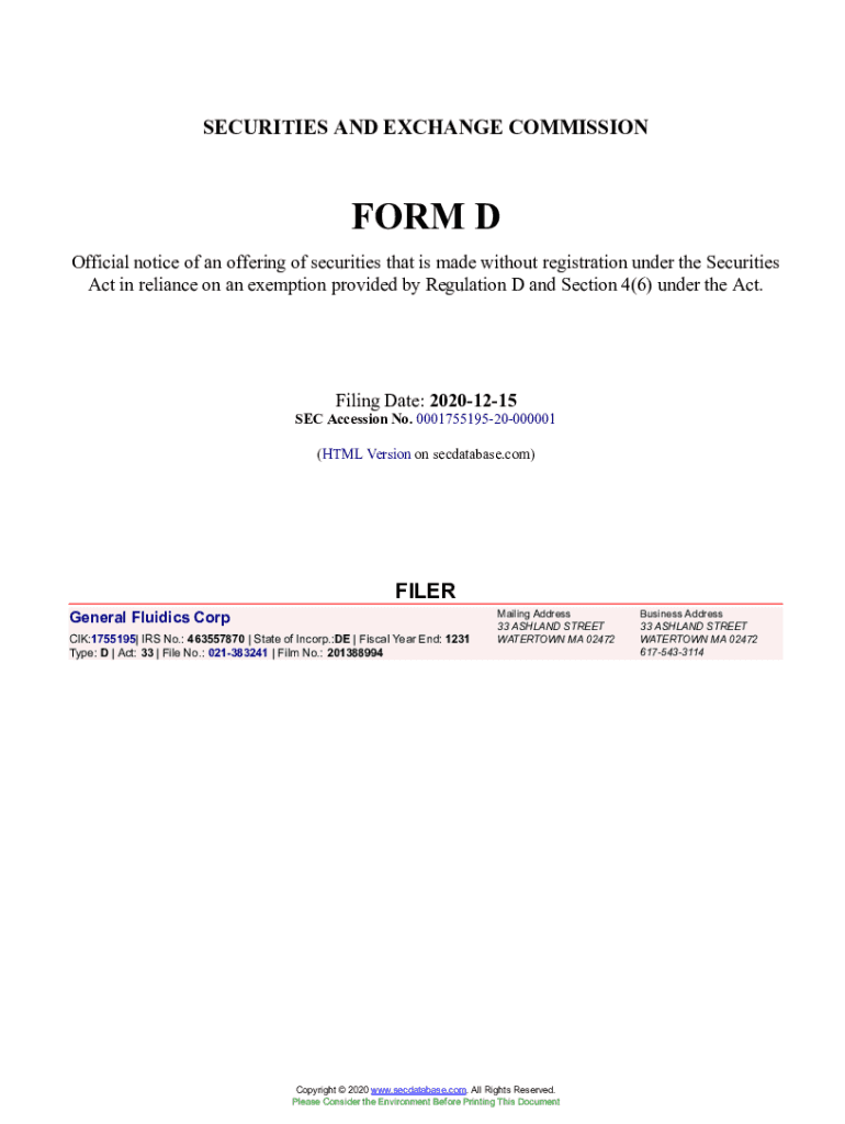 Fillable Online General Fluidics Corp Form D Filed 2020-12-15 ...