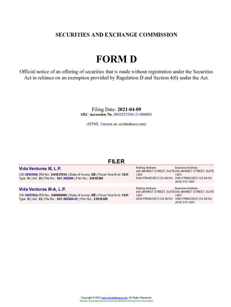 Fillable Online Vida Ventures III, L.P. Form D Filed 2021-04-09 ...