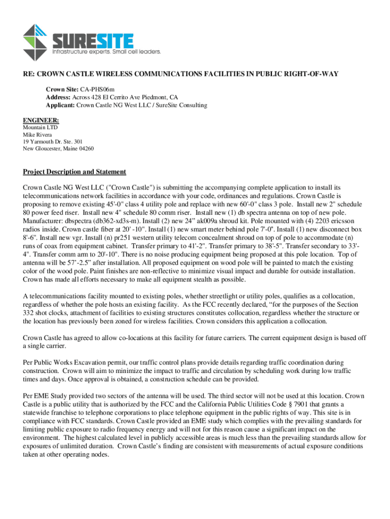 Fillable Online RE: CROWN CASTLE WIRELESS COMMUNICATIONS FACILITIES IN PUBLIC RIGHT-OF-WAY Fax ...