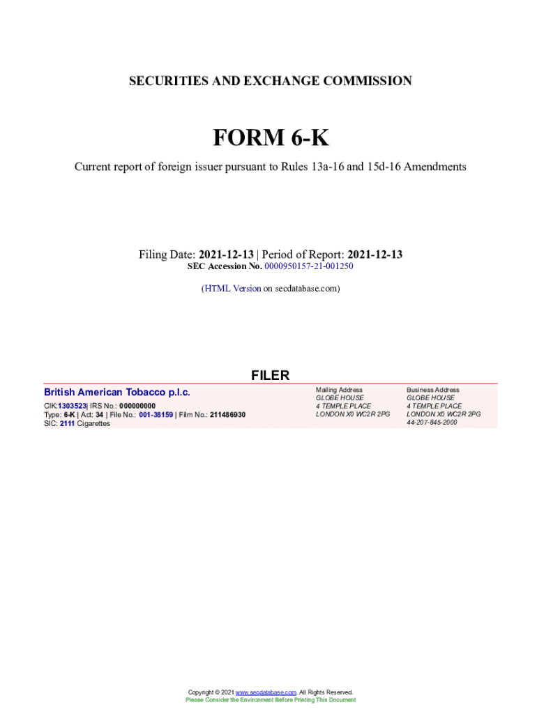 Fillable Online British American Tobacco p.l.c. Form 6-K Current Event Report ... Fax Email ...