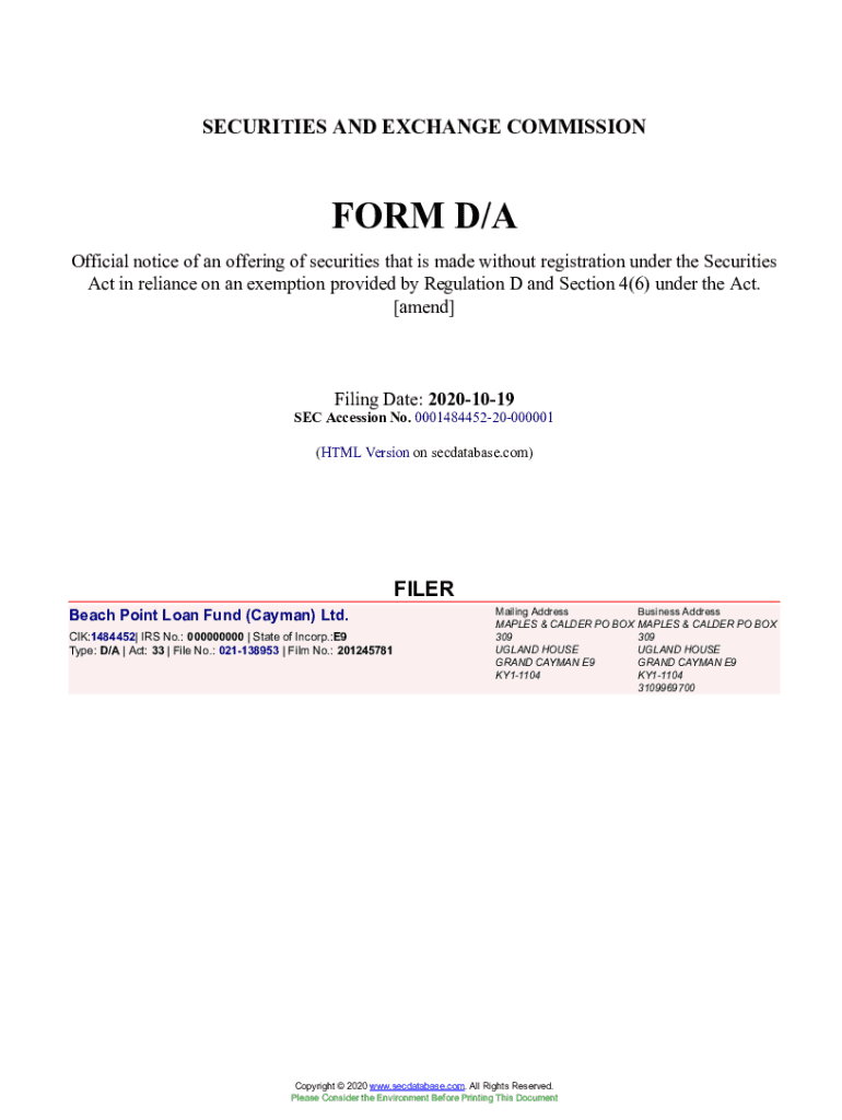 Fillable Online Beach Point Loan Fund (Cayman) Ltd. Form D/A Filed 2020 ... Fax Email Print ...