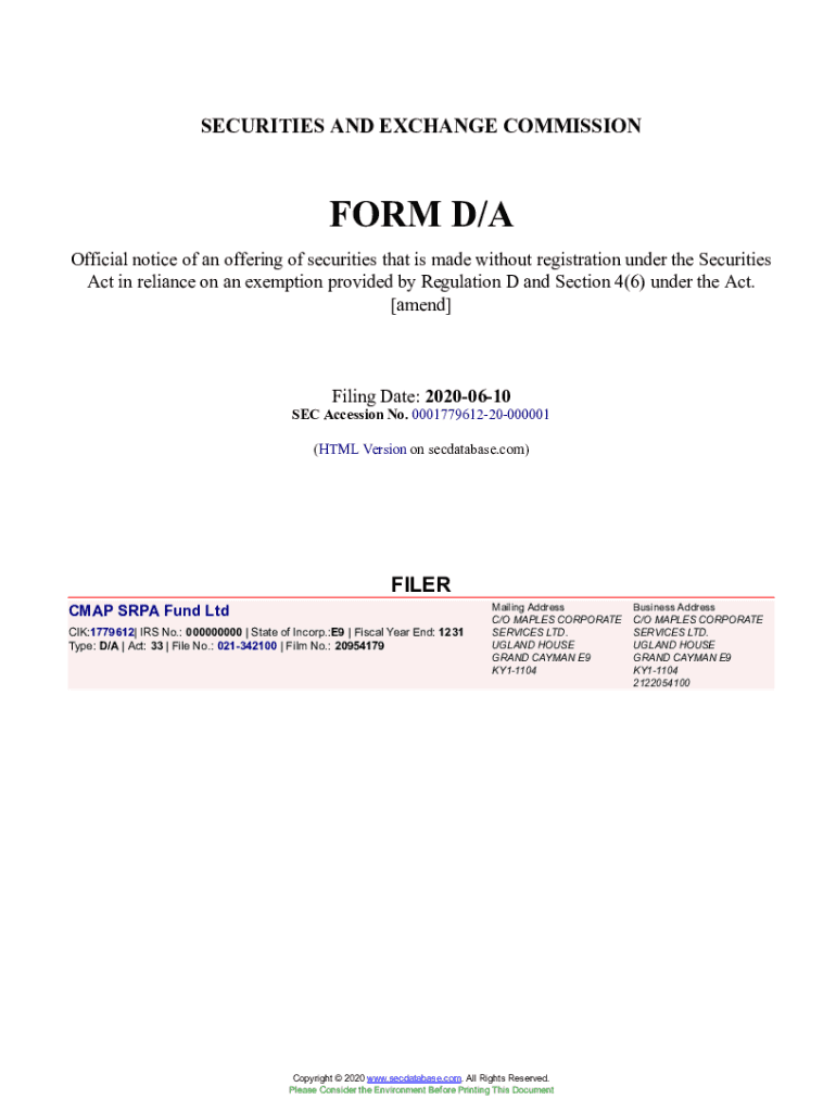 Fillable Online CMAP SRPA Fund Ltd Form D/A Filed 2020-06-10. Accession ...