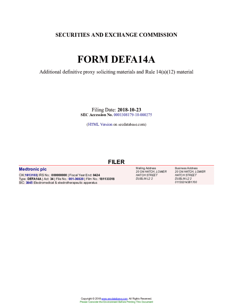Fillable Online Medtronic plc Form DEFA14A Filed 2018-10-23. Accession Number Fax Email Print ...