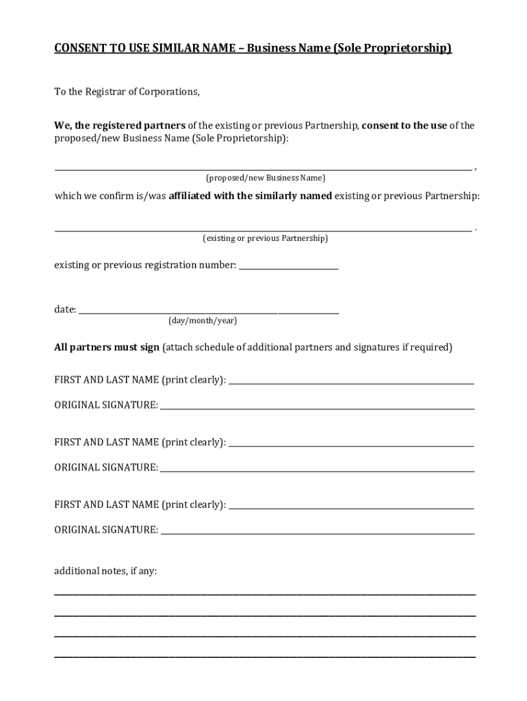 Fillable Online CONSENT TO USE SIMILAR NAME Business Name (Sole Proprietorship) - Gov Fax Email ...