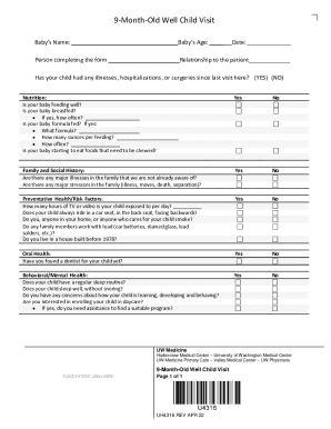 Fillable Online Well Child Check: 9 month old - VCMC Family Medicine ...