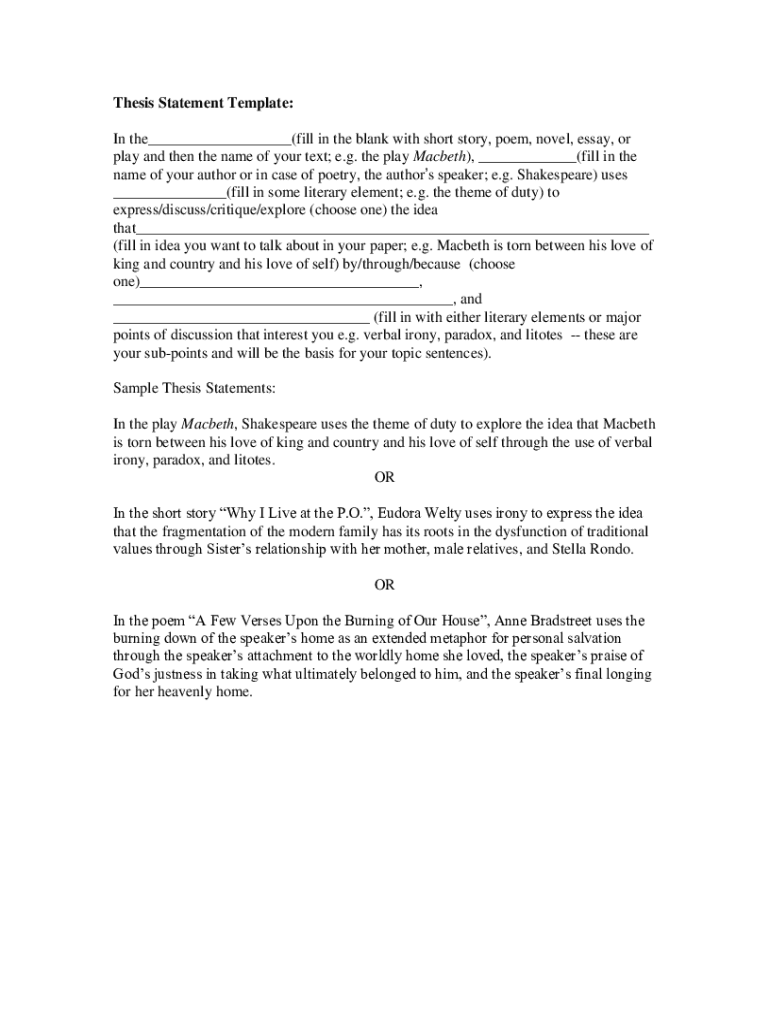 Fillable Online Thesis Statement Template PDF Sample Fax Email Print ...