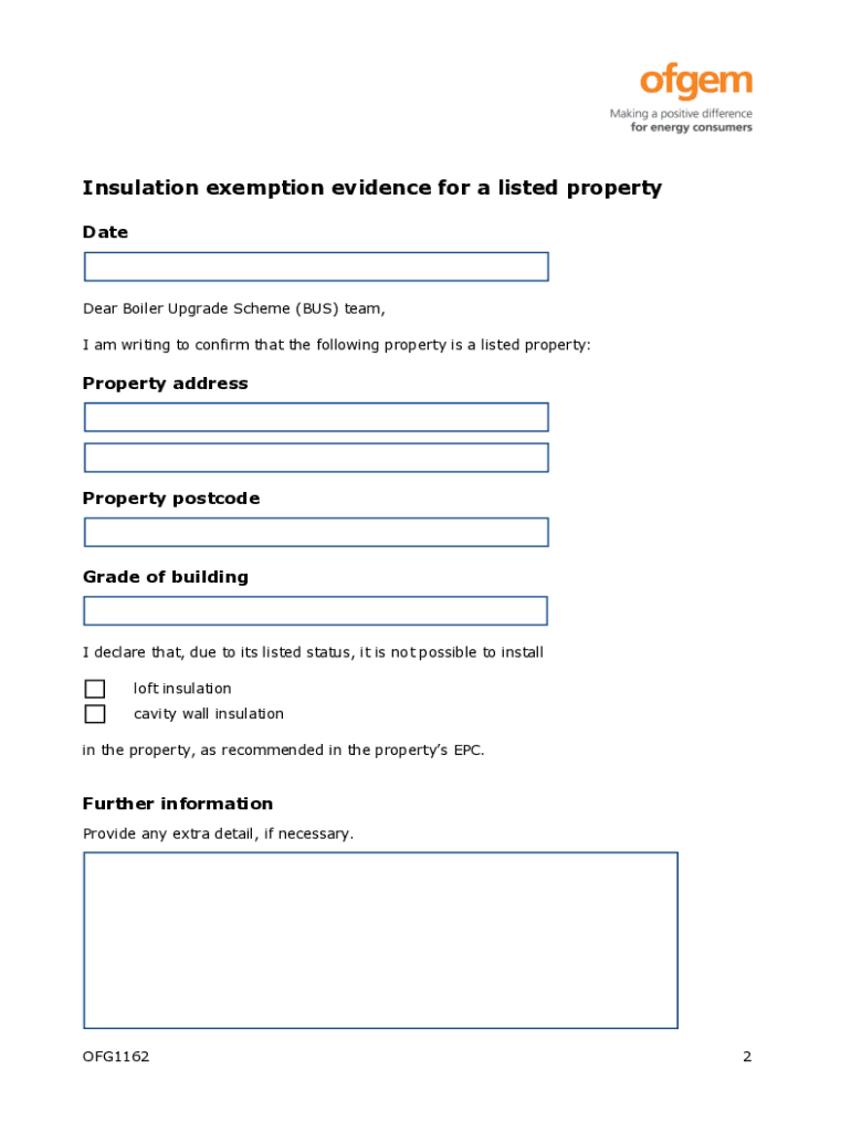 Fillable Online Boiler Upgrade Scheme - insulation exemption evidence ...