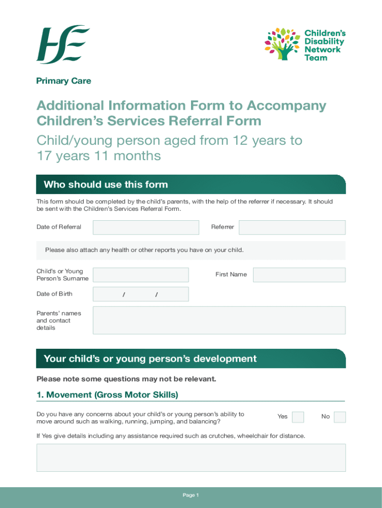 Fillable Online Additional Information Form for Children aged 12 Years ...