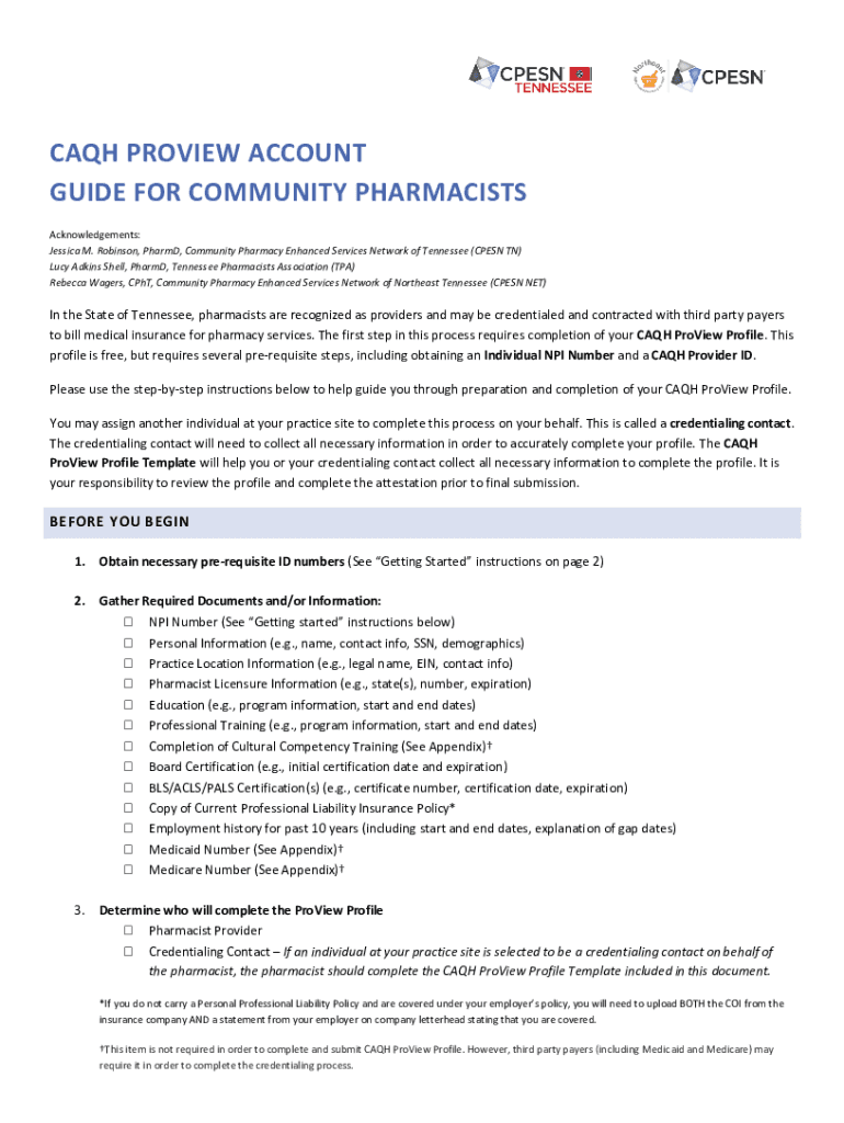 Fillable Online CAQH PROVIEW ACCOUNT GUIDE FOR COMMUNITY PHARMACISTS ...