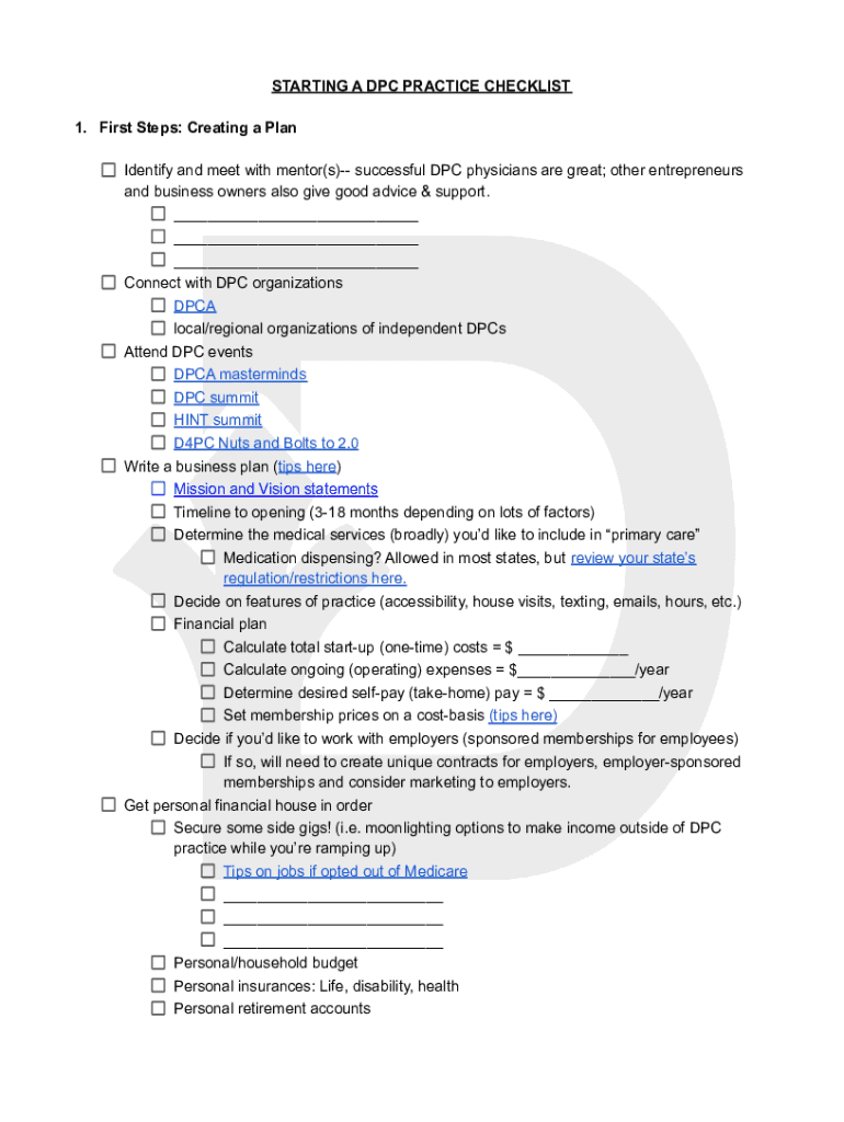 Fillable Online STARTING A DPC PRACTICE CHECKLIST Update Fax Email Print - pdfFiller