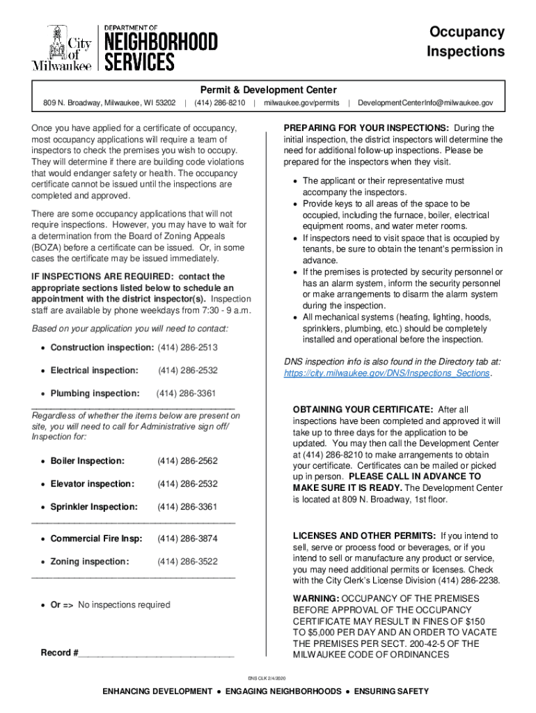Fillable Online city milwaukee Occupancy Inspections City of Milwaukee ...