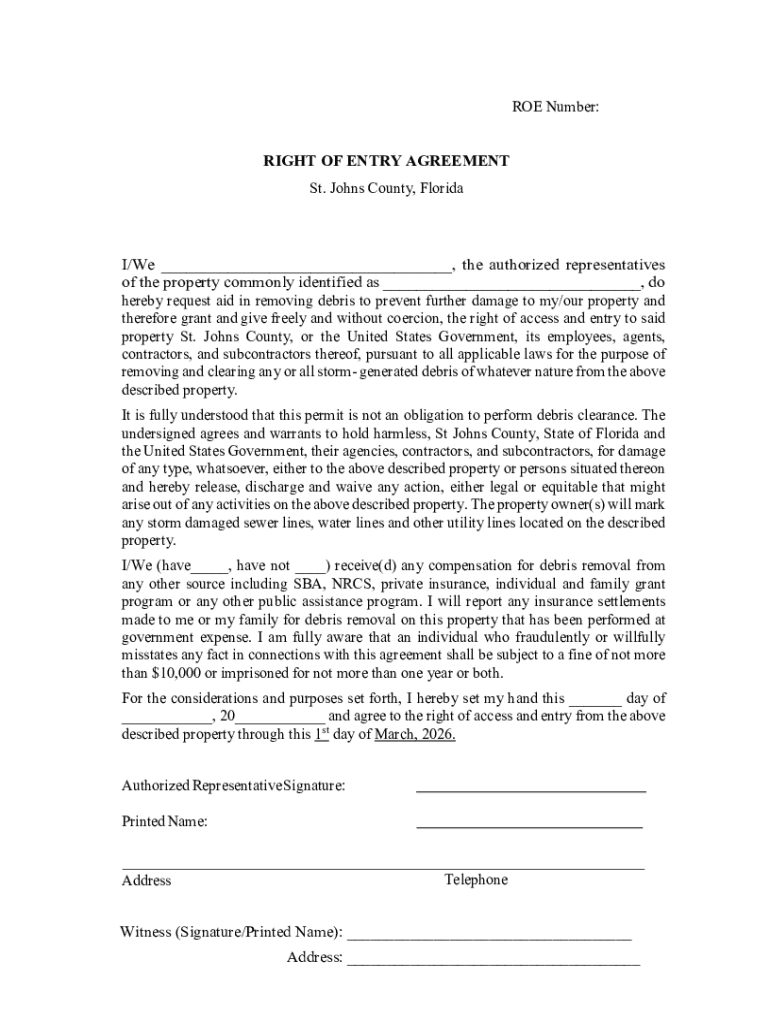 Fillable Online RIGHT OF ENTRY AGREEMENT - St. Johns County Government ...