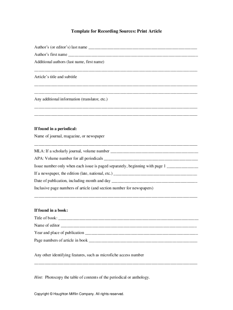 Fillable Online Template for Recording Sources: Print Article Fax Email ...