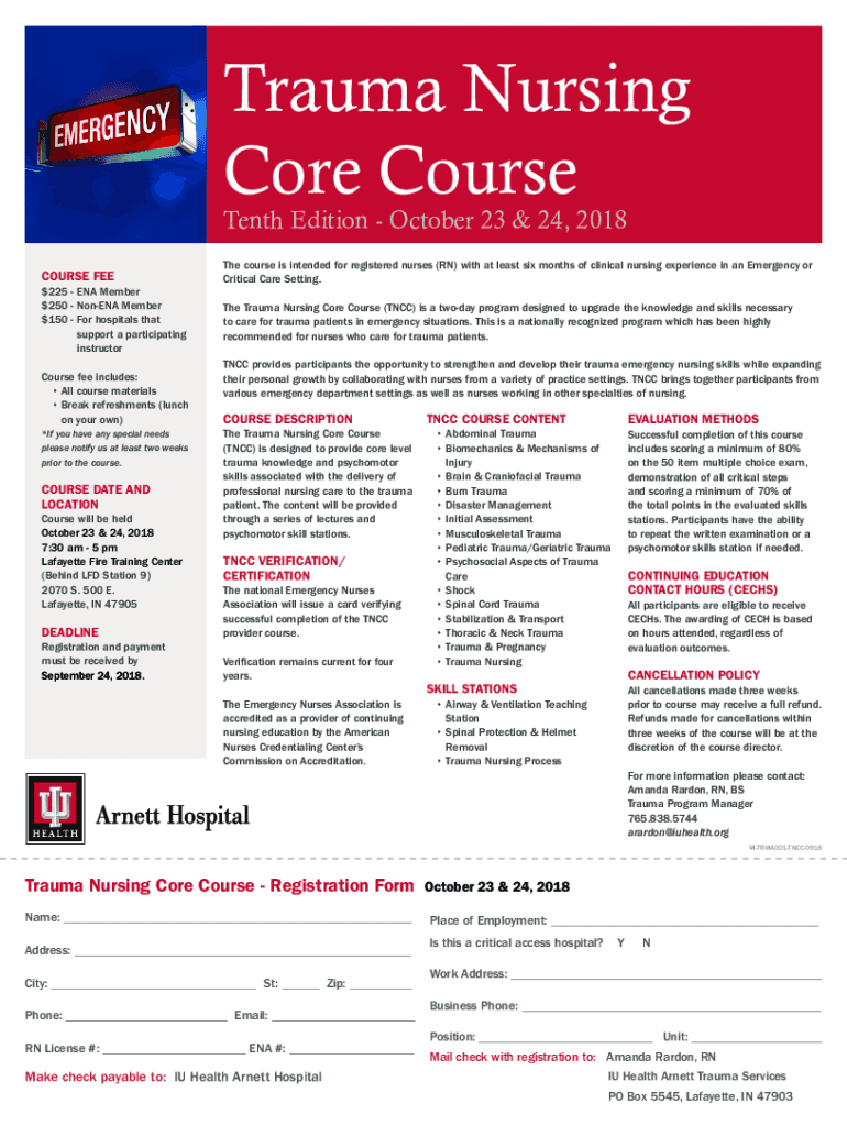Fillable Online Trauma Nursing Core Course (TNCC) - Project Heartbeat ...