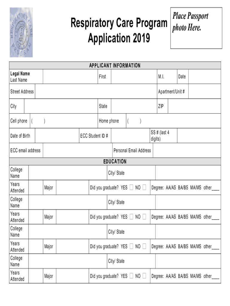 Fillable Online Respiratory Care Application for AdmissionCameron University Fax Email Print ...