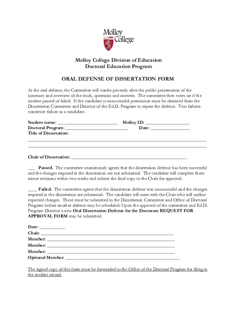 Fillable Online Molloy College Division of Education ORAL DEFENSE OF DISSERTATION FORM Fax Email ...