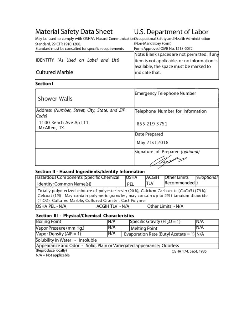 Fillable Online Sample Material Safety Data SheetOccupational Safety ...