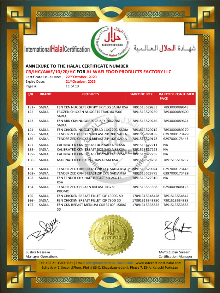 Fillable Online ANNEXURE TO THE HALAL CERTIFICATE NUMBER CR/IHC/AWF/10 ...