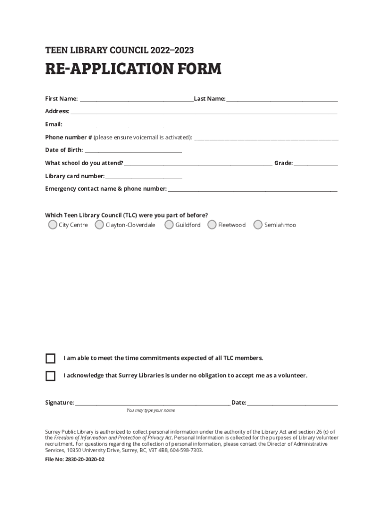 Fillable Online Teen Library Council Re-Application Form. Teen Library ...