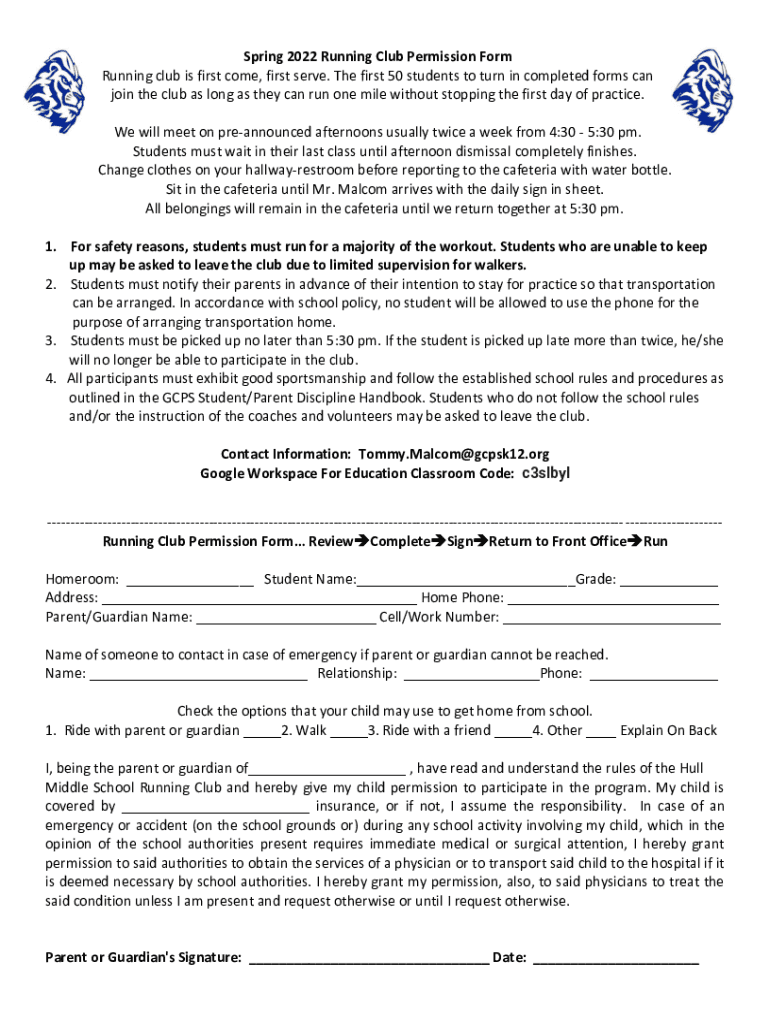 Fillable Online Spring 2022 Running Club Permission Form Fax Email ...