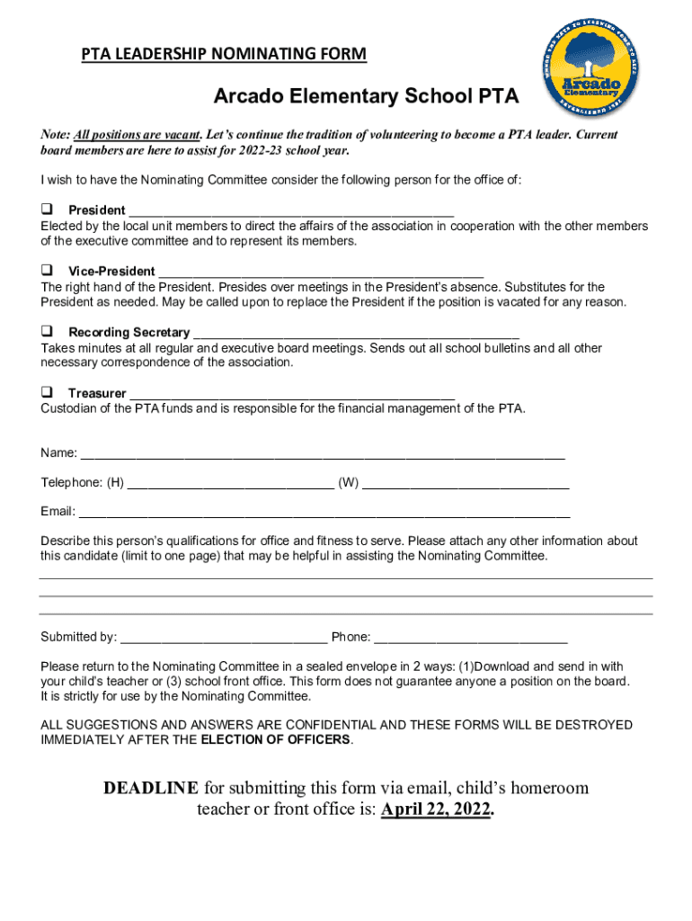 Fillable Online PTA LEADERSHIP NOMINATION FORM - scpta.org Fax Email ...