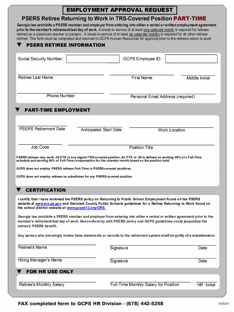 Fillable Online RRTW PSERS Approval Form - Gwinnett County Public ...
