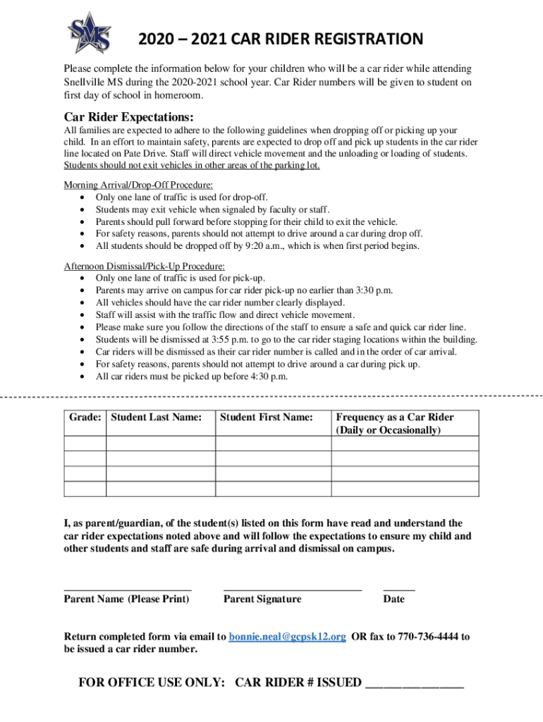 Fillable Online Back to School / Car Rider Registration Fax Email Print ...