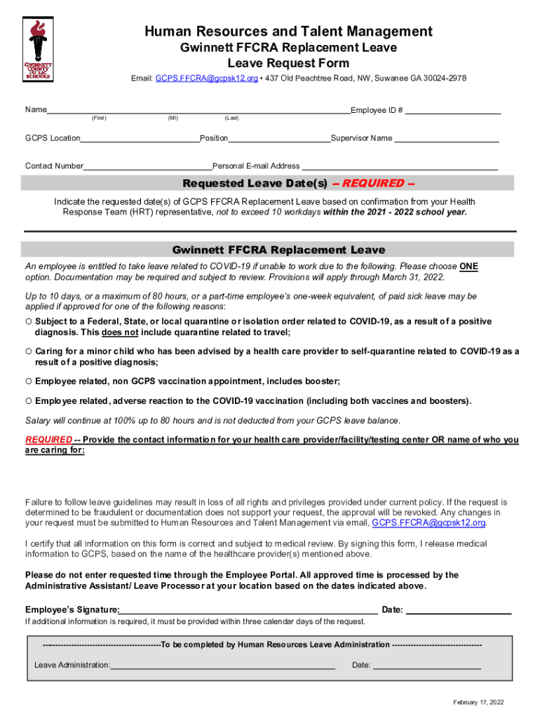 Fillable Online Gwinnett FFCRA Replacement Leave Leave Request Form Fax ...
