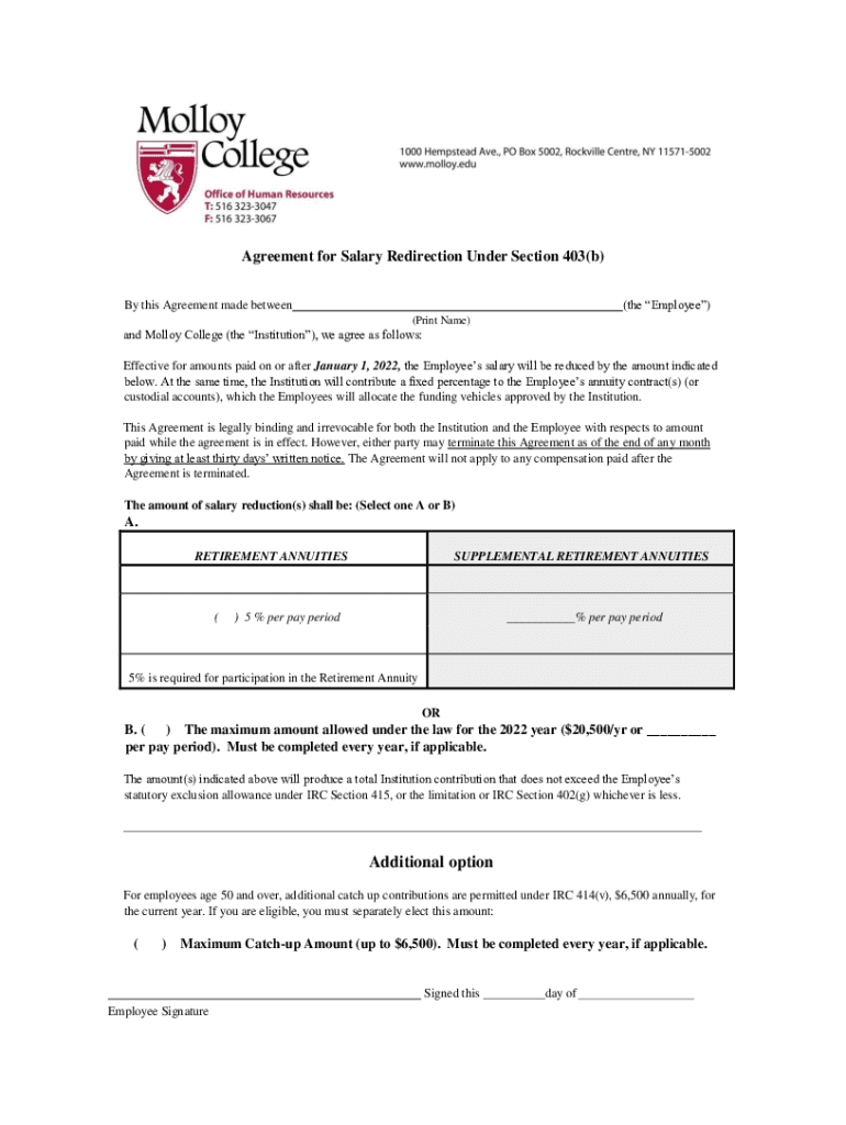 Fillable Online Agreement for Salary Reduction under Section 403(b) Fax Email Print - pdfFiller